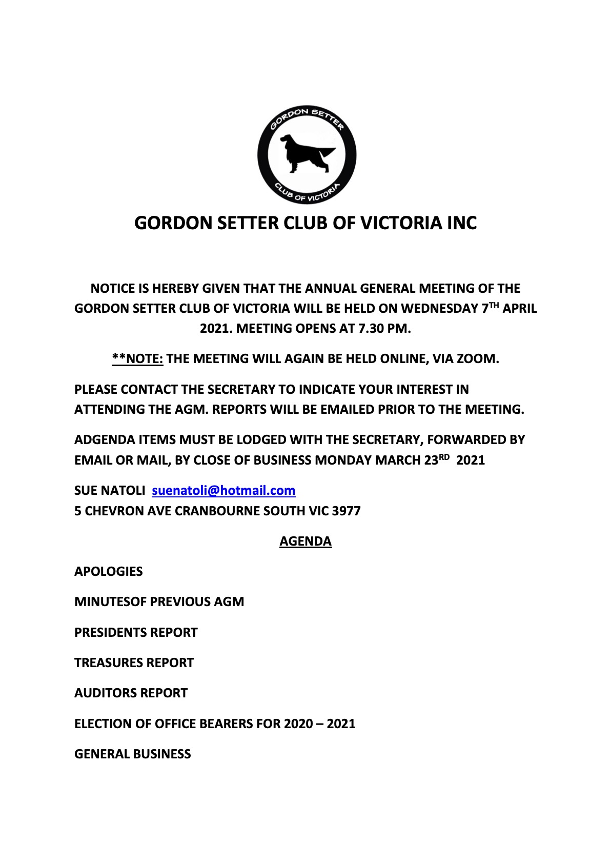 GSCV Annual General Meeting – Gordon Setter Club of Victoria