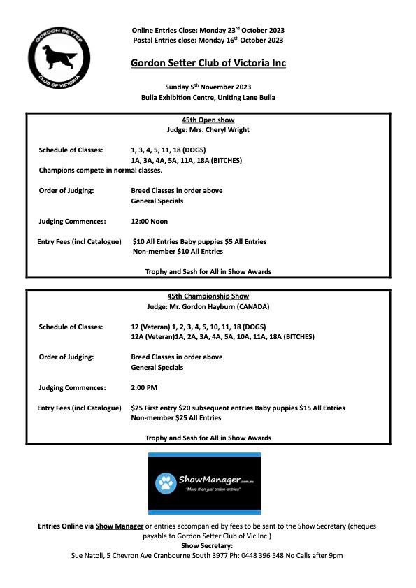 GSCV 2023 Championship and Open Show Schedules – Gordon Setter Club of ...